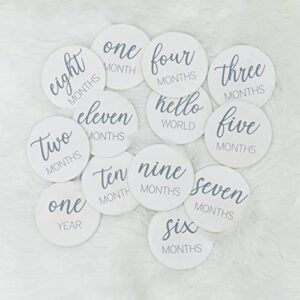 Natural Baby Milestone Discs - White Stain Wood Milestone Disc Set with Bag and Hello World Announcement Card - 13 Wooden Milestones Cards, Newborn Monthly First Year Picture Props, 1-12 Months