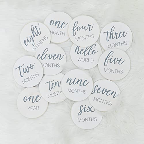 Natural Baby Milestone Discs - White Stain Wood Milestone Disc Set with Bag and Hello World Announcement Card - 13 Wooden Milestones Cards, Newborn Monthly First Year Picture Props, 1-12 Months