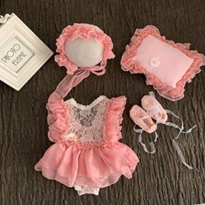 Yuehuam Newborn Photography Prop Girl Outfits Baby Lace Romper Hat Pillow Shoes Set Infant Photoshoot Skirt Clothes