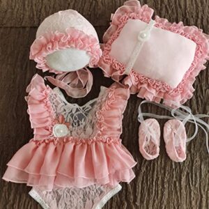 Yuehuam Newborn Photography Prop Girl Outfits Baby Lace Romper Hat Pillow Shoes Set Infant Photoshoot Skirt Clothes