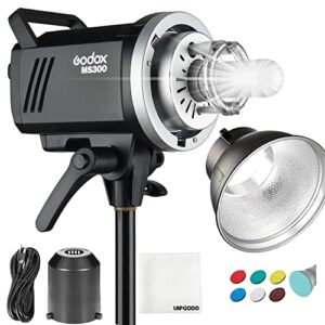 godox ms300 compact studio flash 300w 2.4g wireless monolight with 150w modeling lamp,outstanding power output stability,anti-preflash,bowens mount,5600±200k cct,0.1～1.8s recycle time