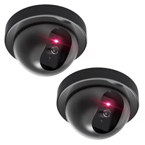 wali dummy fake security cctv dome camera with flashing red led light with security alert sticker decals (sd-2), 2 packs, black