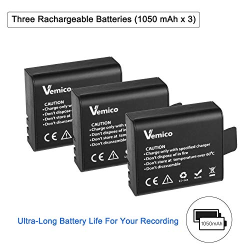 Vemico Action Camera Battery, 3x1050mAh Battery Rechargeable PG 1050 Battery for AKASO/Campark/APEMAN/DBPOWER/WiMiUS/AKASO EK7000/Brave 4/SJ4000 with Dual Battery Charger Kit