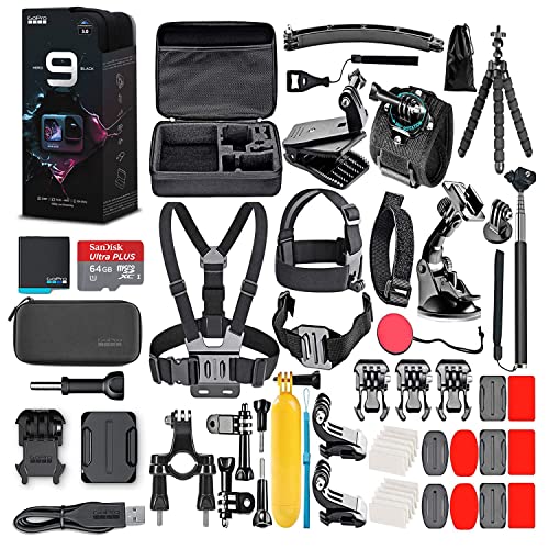 GoPro HERO9 Black - Waterproof Action Camera with Front LCD, Touch Rear Screens, 5K Video, 20MP Photos, 1080p Live Streaming, Stabilization + 64GB Card and 50 Piece Accessory Kit - Action Kit