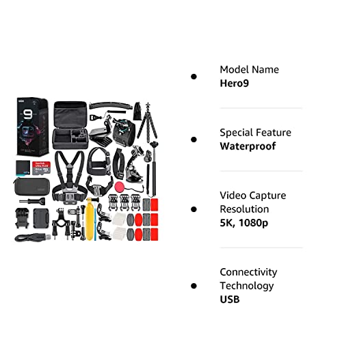 GoPro HERO9 Black - Waterproof Action Camera with Front LCD, Touch Rear Screens, 5K Video, 20MP Photos, 1080p Live Streaming, Stabilization + 64GB Card and 50 Piece Accessory Kit - Action Kit