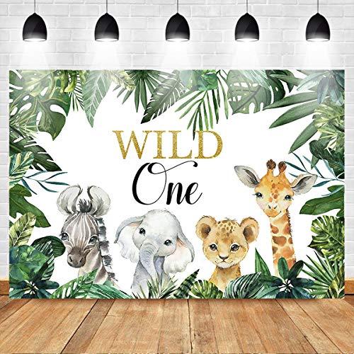 Mocsicka Safari Wild One Backdrop Safari Animal First Birthday Party Background Jungle Boy 1st Birthday Party Decorations Photography Background (7x5ft)