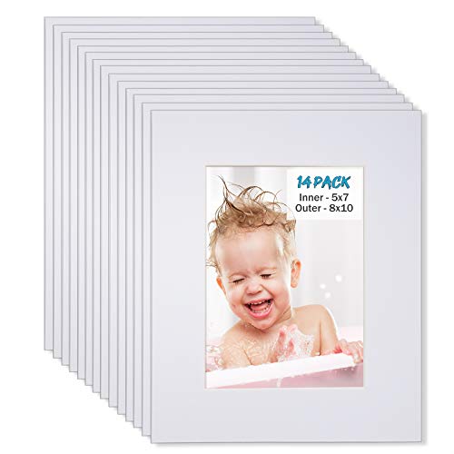 Egofine 8x10 White Picture Mats Pack of 14, Frame Mattes for 5x7 Pictures, Acid Free, 1.2mm Thickness, with Core Bevel Cut