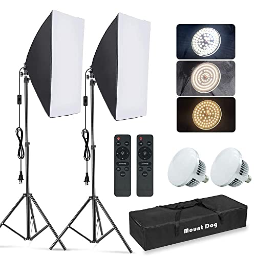 MOUNTDOG Softbox Lighting Kit, 2x19.7"x27.5" Photography Continuous Lighting System with 2pcs 85W 5700K E27 Socket LED Bulbs and Remote for Portrait Product Fashion Photography