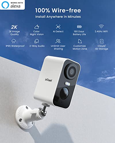 ieGeek Security Cameras Wireless Outdoor, 2K 3MP Battery Powered WiFi Security Camera with Spotlight & Siren Alarm, 2-Way Audio, Color Night Vision, AI Detection for Home Security, Works with Alexa