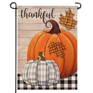 artofy thankful fall decorative small garden flag white pumpkin, autumn house yard outside decor black white buffalo plaid check maple leaf, thanksgiving farmhouse outdoor home burlap decoration 12×18