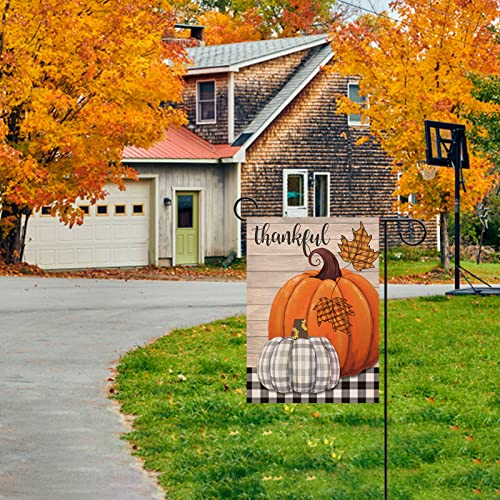 Artofy Thankful Fall Decorative Small Garden Flag White Pumpkin, Autumn House Yard Outside Decor Black White Buffalo Plaid Check Maple Leaf, Thanksgiving Farmhouse Outdoor Home Burlap Decoration 12x18