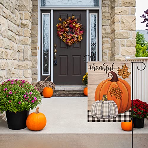 Artofy Thankful Fall Decorative Small Garden Flag White Pumpkin, Autumn House Yard Outside Decor Black White Buffalo Plaid Check Maple Leaf, Thanksgiving Farmhouse Outdoor Home Burlap Decoration 12x18