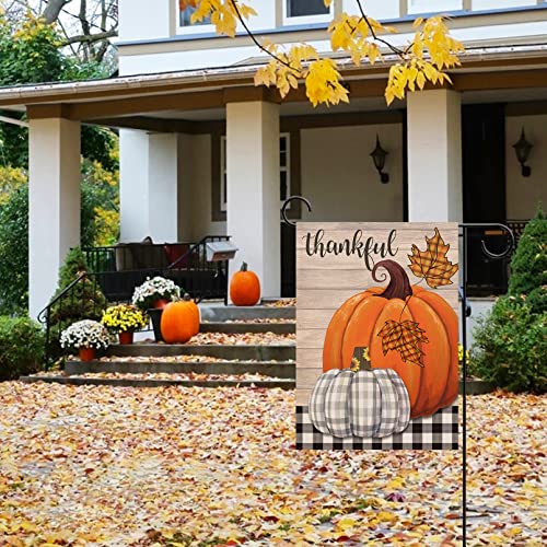 Artofy Thankful Fall Decorative Small Garden Flag White Pumpkin, Autumn House Yard Outside Decor Black White Buffalo Plaid Check Maple Leaf, Thanksgiving Farmhouse Outdoor Home Burlap Decoration 12x18