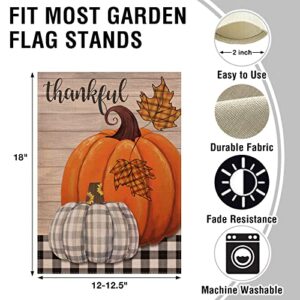 Artofy Thankful Fall Decorative Small Garden Flag White Pumpkin, Autumn House Yard Outside Decor Black White Buffalo Plaid Check Maple Leaf, Thanksgiving Farmhouse Outdoor Home Burlap Decoration 12x18