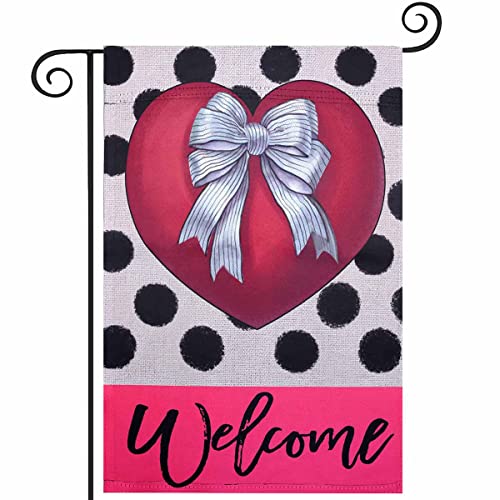 Welcome Valentines Day Garden Flag, hogardeck 12.5x18 Inch Vertical Double Sided Potka Dot Heart Yard Flag, Farmhouse Rustic Outdoor Valentines Day Decor