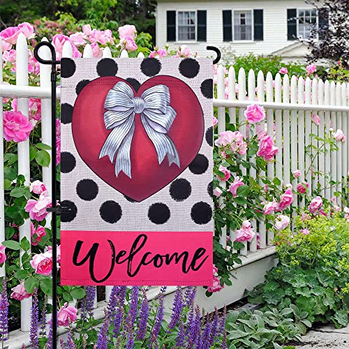 Welcome Valentines Day Garden Flag, hogardeck 12.5x18 Inch Vertical Double Sided Potka Dot Heart Yard Flag, Farmhouse Rustic Outdoor Valentines Day Decor