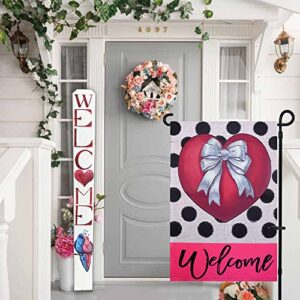 Welcome Valentines Day Garden Flag, hogardeck 12.5x18 Inch Vertical Double Sided Potka Dot Heart Yard Flag, Farmhouse Rustic Outdoor Valentines Day Decor