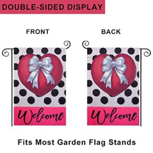 Welcome Valentines Day Garden Flag, hogardeck 12.5x18 Inch Vertical Double Sided Potka Dot Heart Yard Flag, Farmhouse Rustic Outdoor Valentines Day Decor