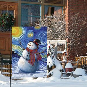 Winter Christmas Garden Flag 12x18 Double Sided, Burlap Farmhouse Small Starry Night Snowman Garden Yard Flags for Xmas Winter Seasonal Outside Outdoor House Holiday Decor (ONLY FLAG)