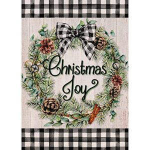 selmad christmas joy wreath decorative burlap garden flag, xmas buffalo plaid check farmhouse home yard small outdoor decor, winter pine cone outside decoration double sided 12 x 18