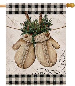 hzppyz winter gloves home decorative house flag buffalo plaid check farmhouse garden yard outdoor large burlap flag sign christmas outside decoration xmas seasonal decor double sided black white 28×40