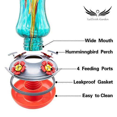 LaElvish Garden Hummingbird Feeders for Outdoors, 28OZ Hand Blown Glass Hummingbird Feeder Outside Hanging with Ant Moat,Balcony Backyard Gardening Gifts Outdoor Decor (Blue Phoenix)