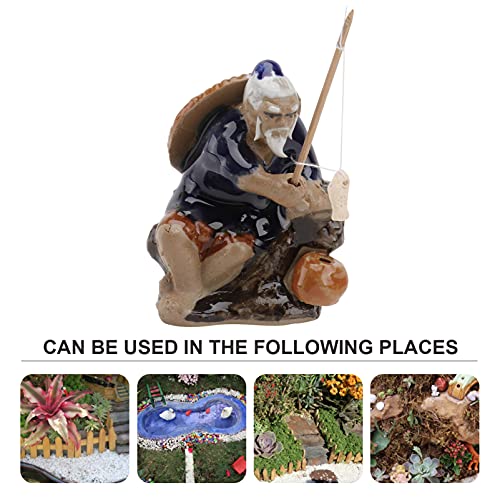 Cabilock Mini Fisherman Figurines Ceramics Chinese Mudman Sitting Fishing Garden Statue Ornament for Fish Tank Micro Landscape Bonsai Fairy Garden Decorations