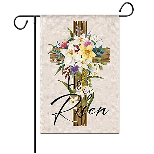 WODISON He is Risen Easter Garden Flag Jesus Religious Easter Garden Flag For Yard House, 12x18 Inch Easter Cross Lily Double Sided Printing, Outdoors Home Decorative Banner (Only Flag)