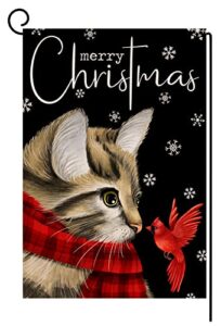 christmas cat garden flag 12×18 vertical double sided merry christmas cardinal bird farmhouse winter holiday outside decorations black burlap yard flag bw213