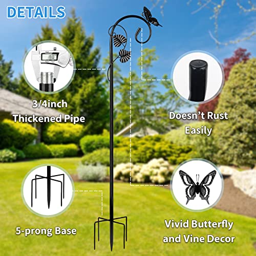 Art Elf Shepherds Hooks for Outdoor Bird Feeder Pole Hanger 67 Inches Plant Hooks with 5 Prongs Base Stainless Metal Adjustable Garden Hanging Holder for Lanterns Weddings Decor Butterfly Black