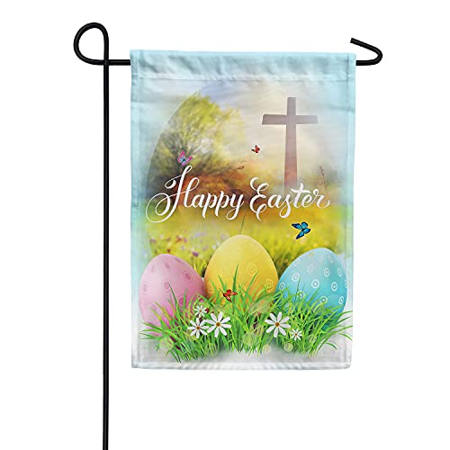 America Forever Happy Easter Garden Flag 12.5 x 18 Inch Religious Cross Holiday Spring Seasonal Yard Outdoor Decorative Double Sided Easter Eggs Garden Flag