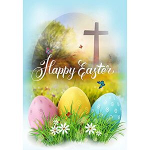 America Forever Happy Easter Garden Flag 12.5 x 18 Inch Religious Cross Holiday Spring Seasonal Yard Outdoor Decorative Double Sided Easter Eggs Garden Flag