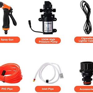 Portable Electric Pressure Washer Pump Intelligent High Pressure Powerful Washing Kit with 20Ft PVC Hose for Home Cleaning Car Garden Projects (100W 160PSI 12V)