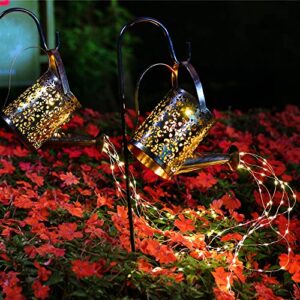 dynaming 2 pack art light led solar waterfall watering can, outdoor decorative garden light, retro waterproof copper yard party decoration stake light for pathway lawn patio deck walkway courtyard