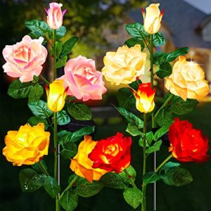 solar garden lights – 4 pack led solar flower lights with larger & more realistic rose flowers, bigger solar panel, waterproof solar outdoor lights for yard patio lawn pathway walkway decoration