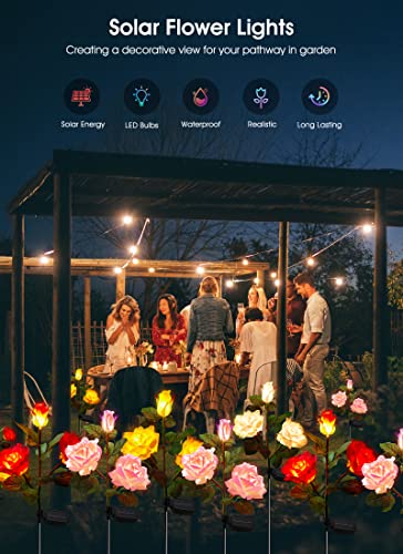 Solar Garden Lights - 4 Pack LED Solar Flower Lights with Larger & More Realistic Rose Flowers, Bigger Solar Panel, Waterproof Solar Outdoor Lights for Yard Patio Lawn Pathway Walkway Decoration