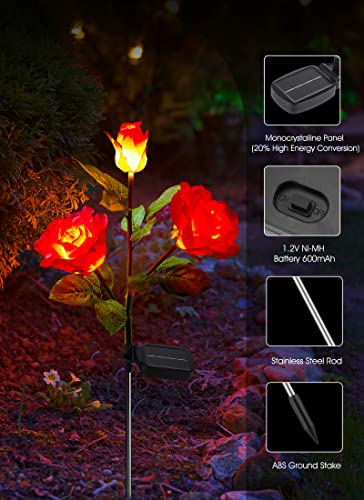 Solar Garden Lights - 4 Pack LED Solar Flower Lights with Larger & More Realistic Rose Flowers, Bigger Solar Panel, Waterproof Solar Outdoor Lights for Yard Patio Lawn Pathway Walkway Decoration