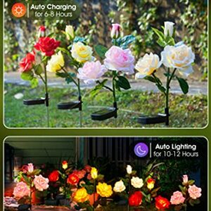 Solar Garden Lights - 4 Pack LED Solar Flower Lights with Larger & More Realistic Rose Flowers, Bigger Solar Panel, Waterproof Solar Outdoor Lights for Yard Patio Lawn Pathway Walkway Decoration