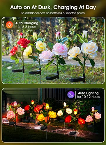 Solar Garden Lights - 4 Pack LED Solar Flower Lights with Larger & More Realistic Rose Flowers, Bigger Solar Panel, Waterproof Solar Outdoor Lights for Yard Patio Lawn Pathway Walkway Decoration