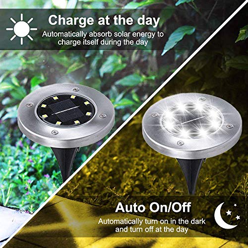 Solar Garden Ground Lights Outdoor Diamond Stake Lights Landscape Lighting Stainless Steel Pathway Lights for Walkway Patio Yard Lawn Driveway Flowerbed Courtyard Decoration 8 LED White Light 4 Packs