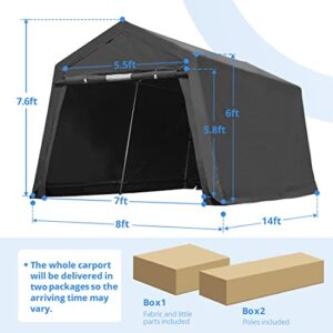 ADVANCE OUTDOOR 8x14 ft Steel Metal Peak Roof Anti-Snow Portable Garage Shelter Storage Shed Carports for Motorcycle, Bike or Garden Tools with 2 Roll up Doors & Vents, Gray