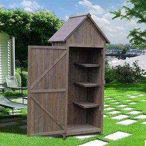 Outdoor Storage Shed, Wooden Garden House Tool Box Farm Implement Storage Room Sundries Storage Cabinet with Workstation and Waterproof Asphalt Roof,E