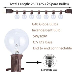 GOOTHY Outdoor String Lights, 25FT Hanging Patio Lights String with 27 G40 Clear Globe Bulbs (2 Spare), Connectable Globe String Lights for Indoor Outdoor Garden Commercial Decor, C7/E12 Base - Brown