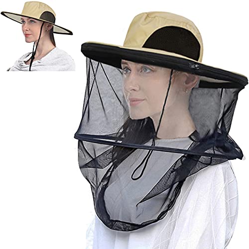 Mosquito Head Net Hat, Mosquito Cap with Net Face Cover,Foldable Fishing Hat with Removable Mosquito Netting for Fishing Hiking Beekeeping Gardening Farming(1 Pack,Cream)