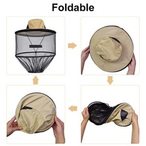 Mosquito Head Net Hat, Mosquito Cap with Net Face Cover,Foldable Fishing Hat with Removable Mosquito Netting for Fishing Hiking Beekeeping Gardening Farming(1 Pack,Cream)