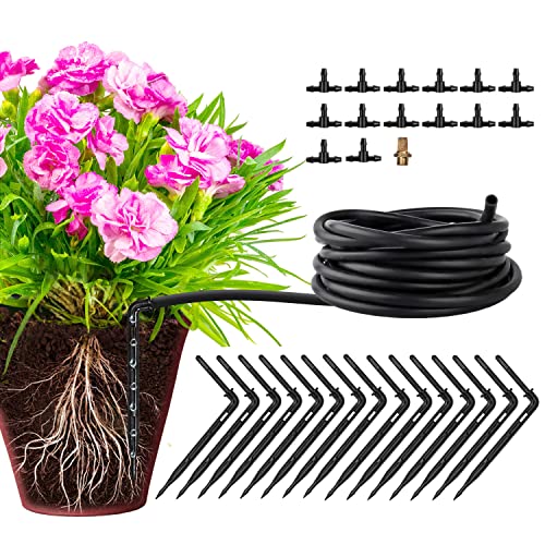 Upgraded Drip Irrigation Kit, 1/4 inch 32ft Silicone House with Stabilized Drip Emitters and Connectors, Garden Watering System for Raised Garden Bed, Yard, Lawn or Indoor