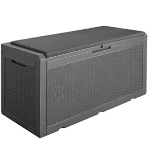 jummico 100 gallon large resin deck box waterproof outdoor indoor storage box imitation rattan storage lockable container for garden pool cushions patio furniture (gray)