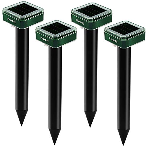 Phosooy Solar Mole Repellent Stakes, 4 Pack Solar Powered Ultrasonic Gopher Deterrent Spikes, Waterproof Solar Rodent Voles Gopher Chipmunk Repellent for Lawn, Garden, Farm Outdoor Use (4)