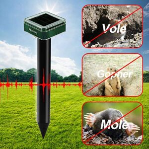 Phosooy Solar Mole Repellent Stakes, 4 Pack Solar Powered Ultrasonic Gopher Deterrent Spikes, Waterproof Solar Rodent Voles Gopher Chipmunk Repellent for Lawn, Garden, Farm Outdoor Use (4)