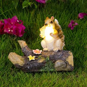 solar garden statue outdoor decor, squirrel holding a pinecone stood on trunk with solar led lights, outside decoration for patio yard lawn porch ornaments gardening gift